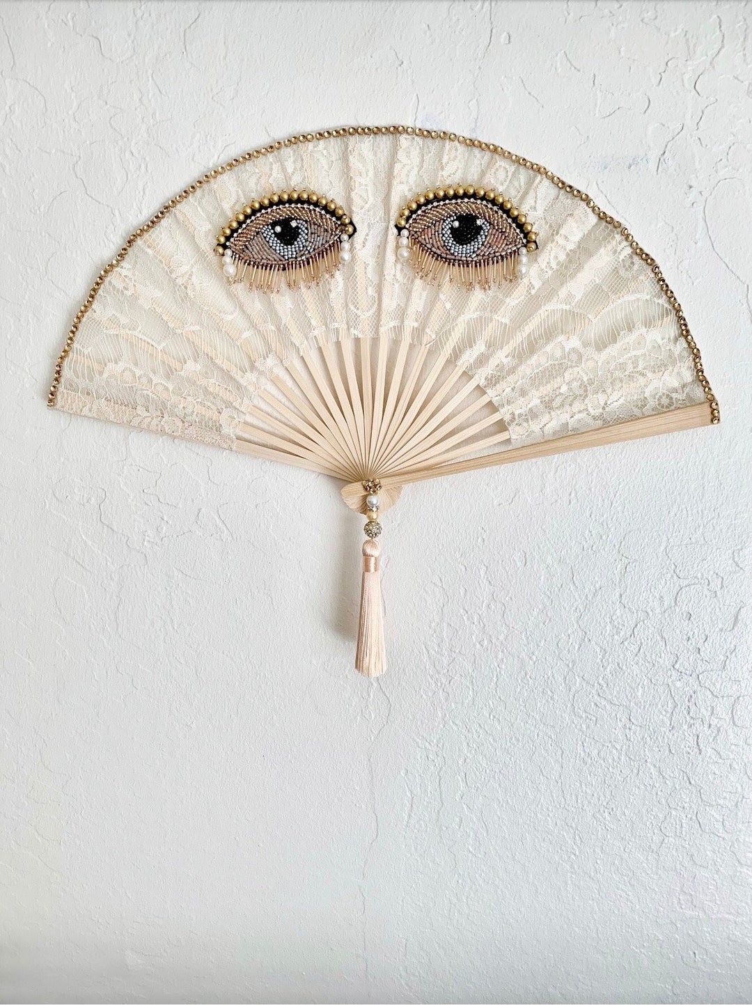 Crystals and Beads, Hand Fan, Gold and Beige, Embroidered Patches - Etsy