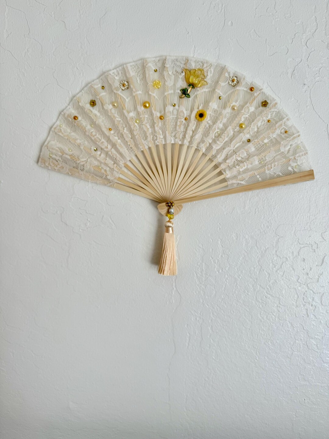 Hand Fan, Crystals and Beads, Yellow and Beige, Costume Party - Etsy