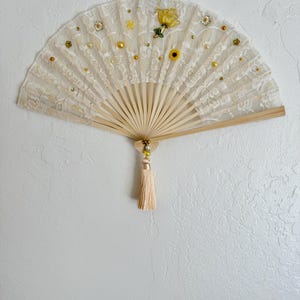 Hand Fan, Crystals and Beads, Yellow and Beige, Costume Party - Etsy