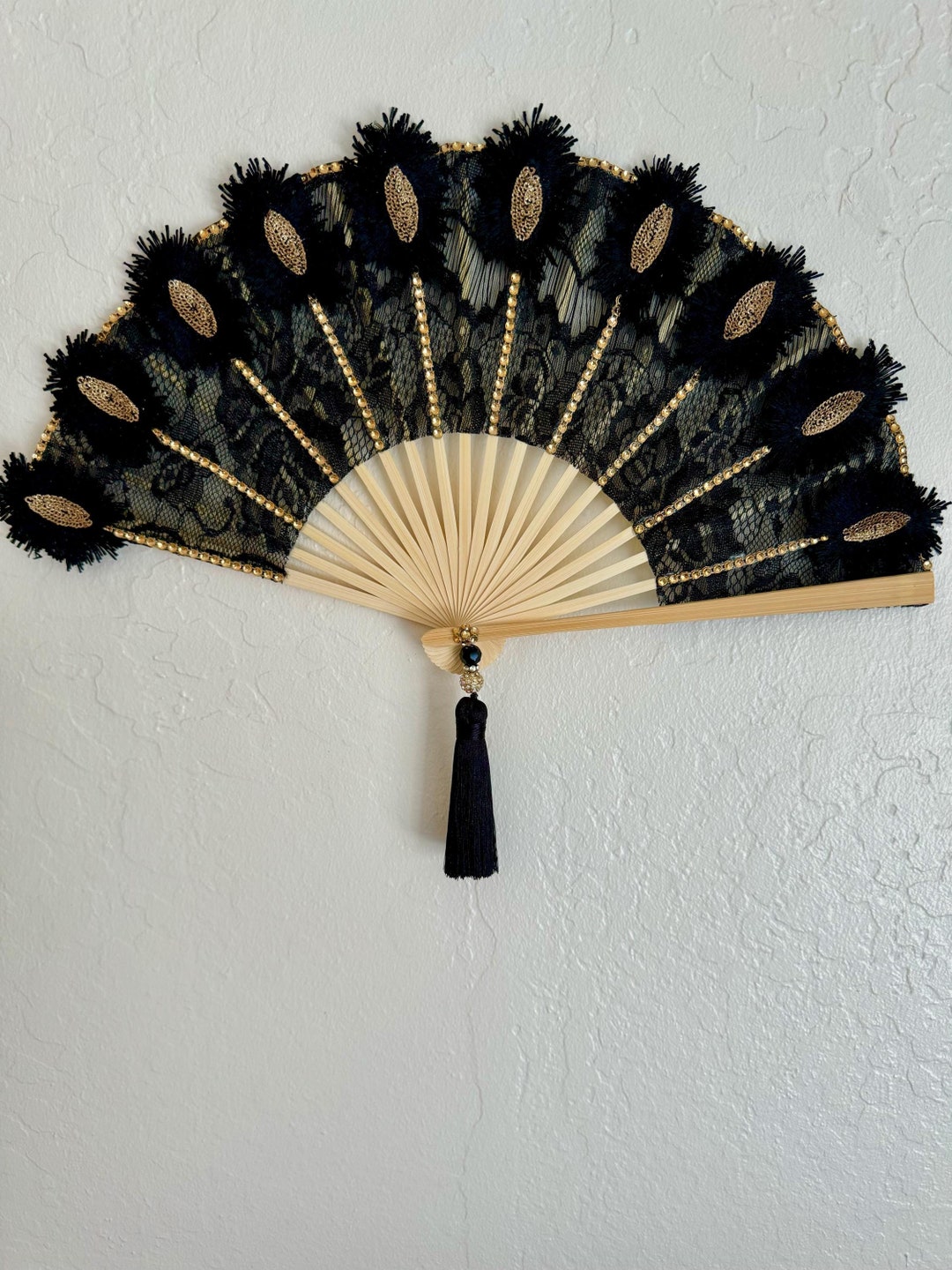Costume Party, Hand Fan, Non-foldable, Crystals and Beads, Black and ...