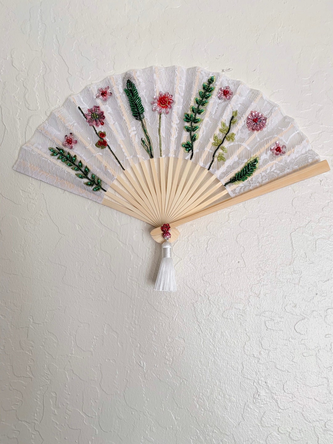 Hand Fan, Beaded Flowers, Non-foldable, Unique Home Decor - Etsy