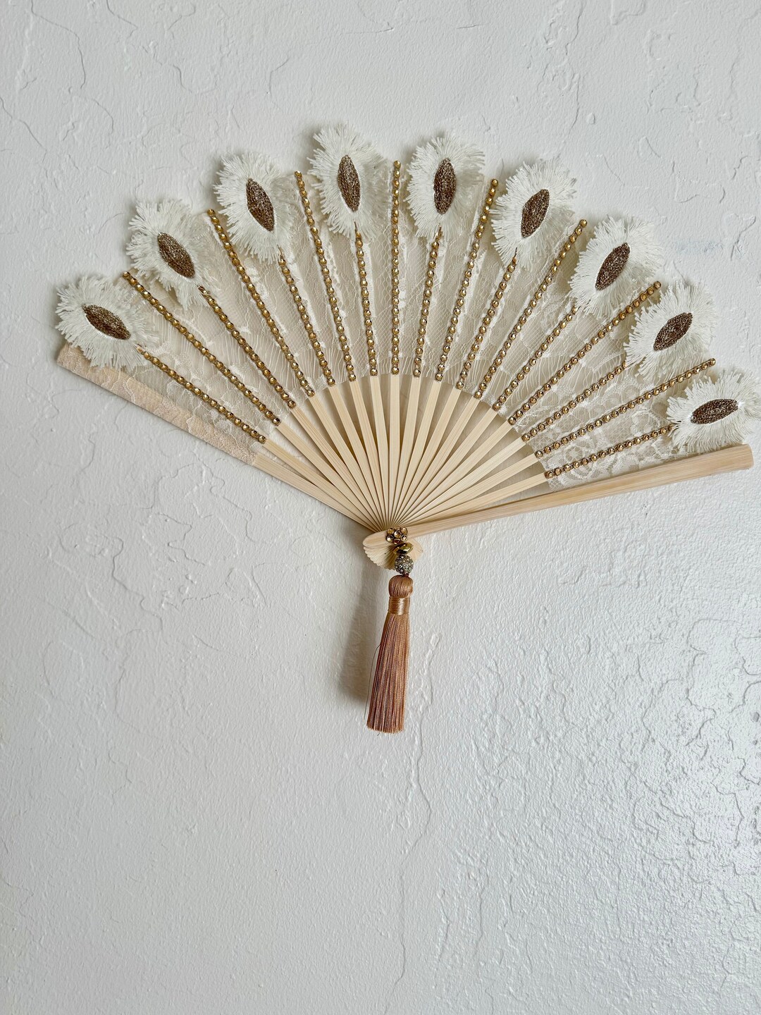 Hand Fan, Feather Art, Beige and Gold - Etsy