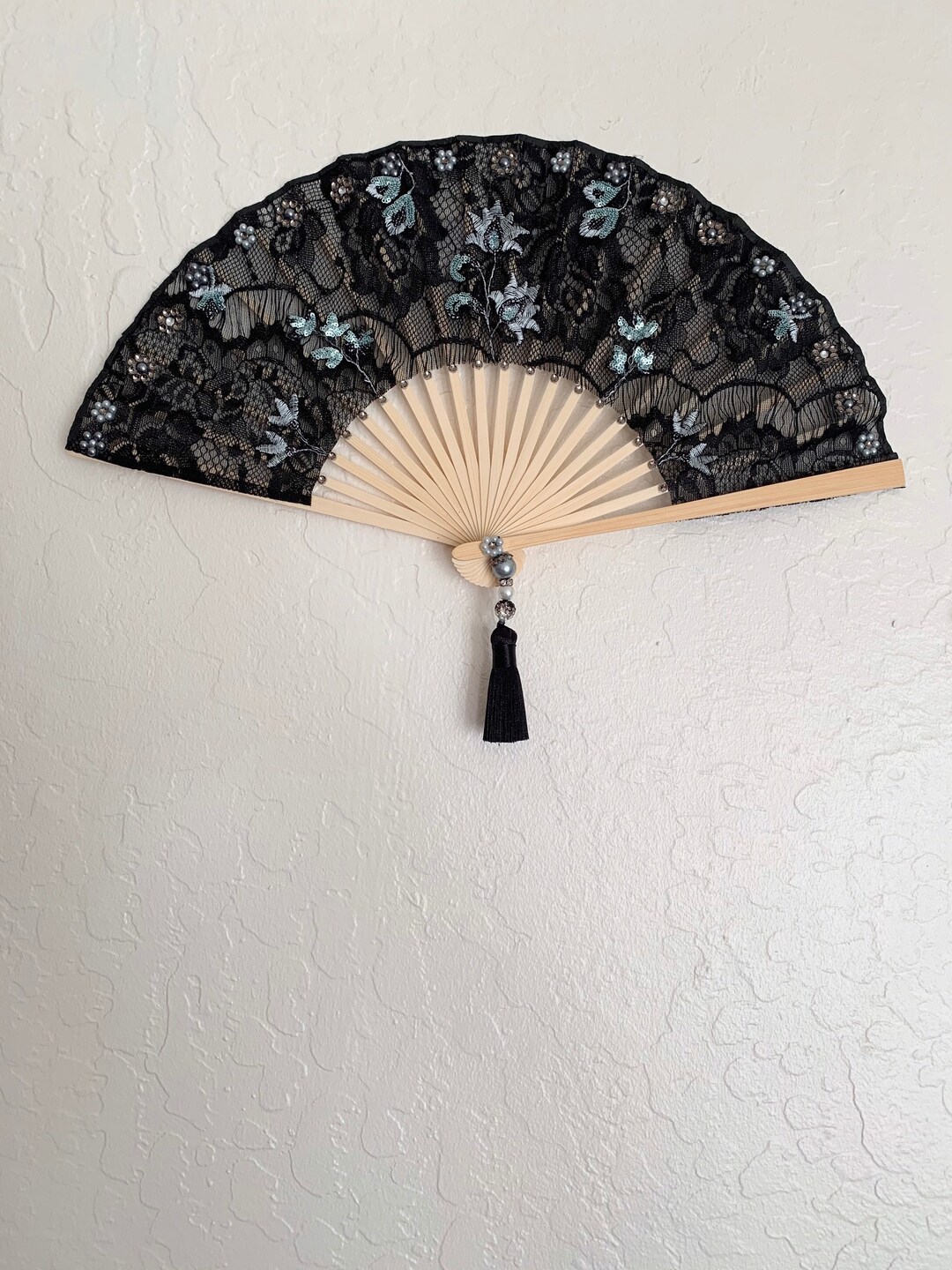 Embroidered Lace Fan: Jeweled Boho Decor, Non-foldable - Etsy