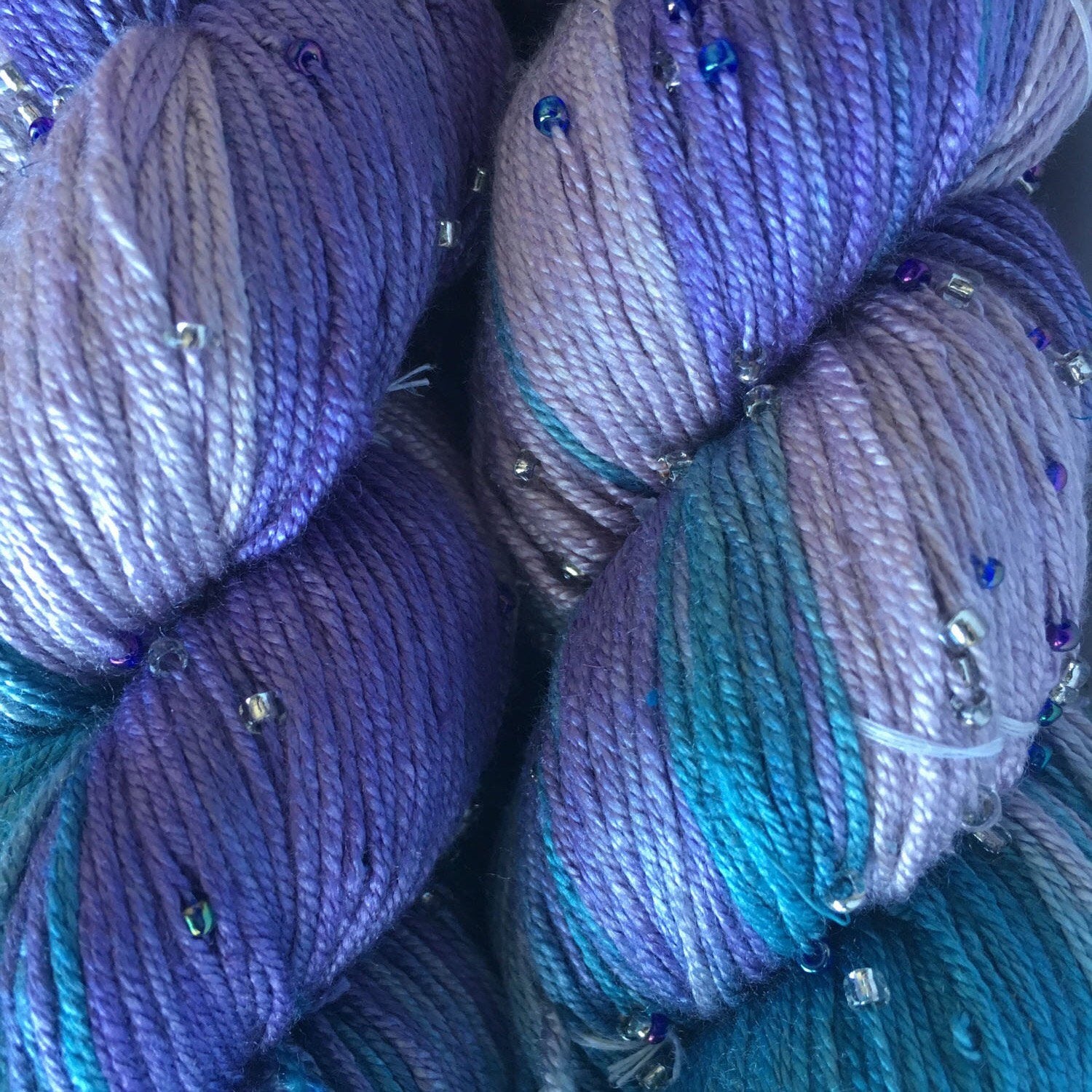 Hand Beaded & Dyed Mulberry Silk Yarn // MERMAID - Light Teal, Lavender ...