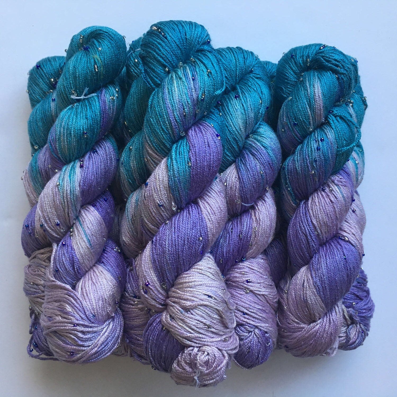 Hand Beaded & Dyed Mulberry Silk Yarn // MERMAID - Light Teal, Lavender ...
