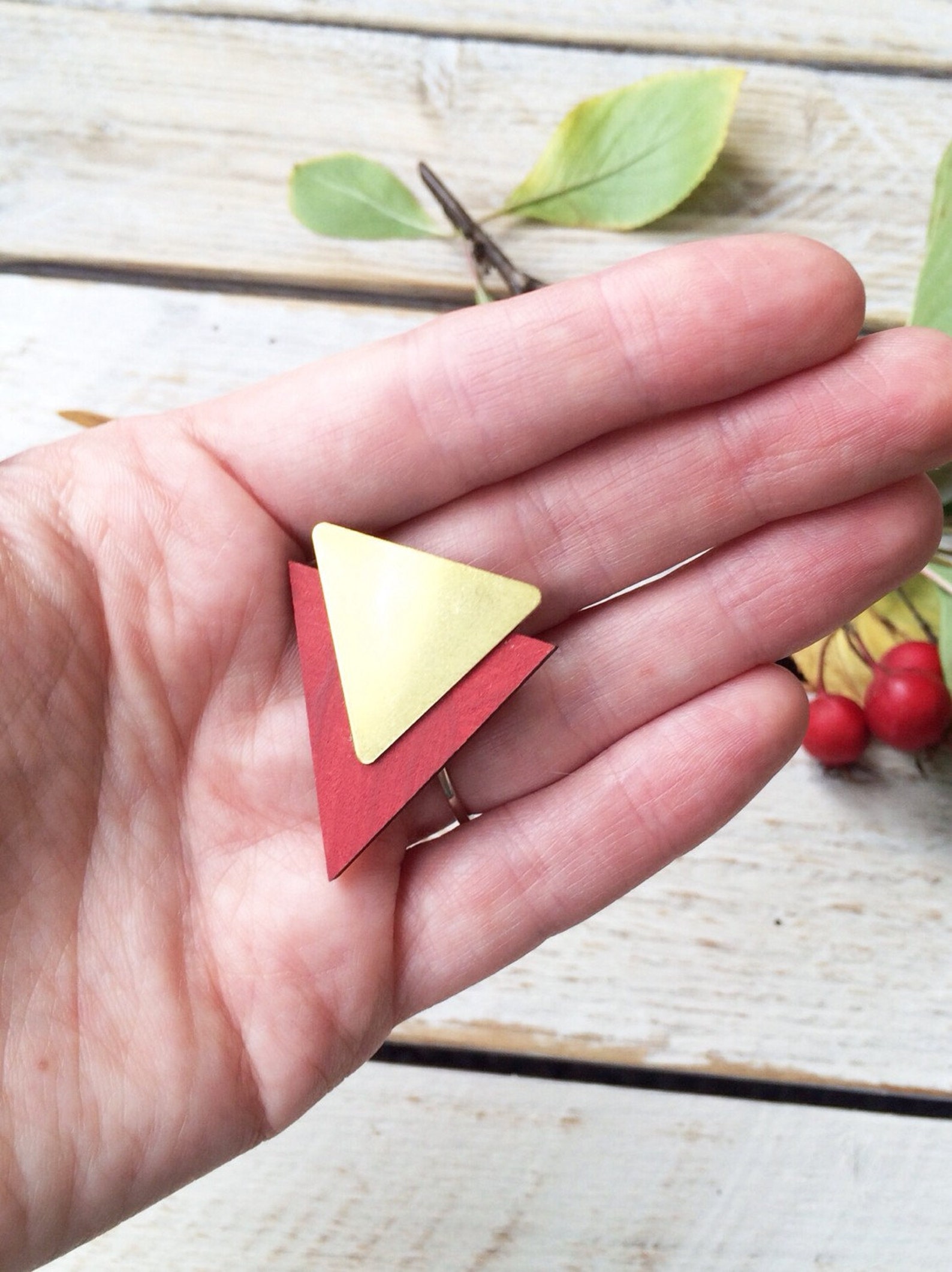 Wood and Brass Triangle Brooch / Geometric Brooch / Triangle Jewellery ...