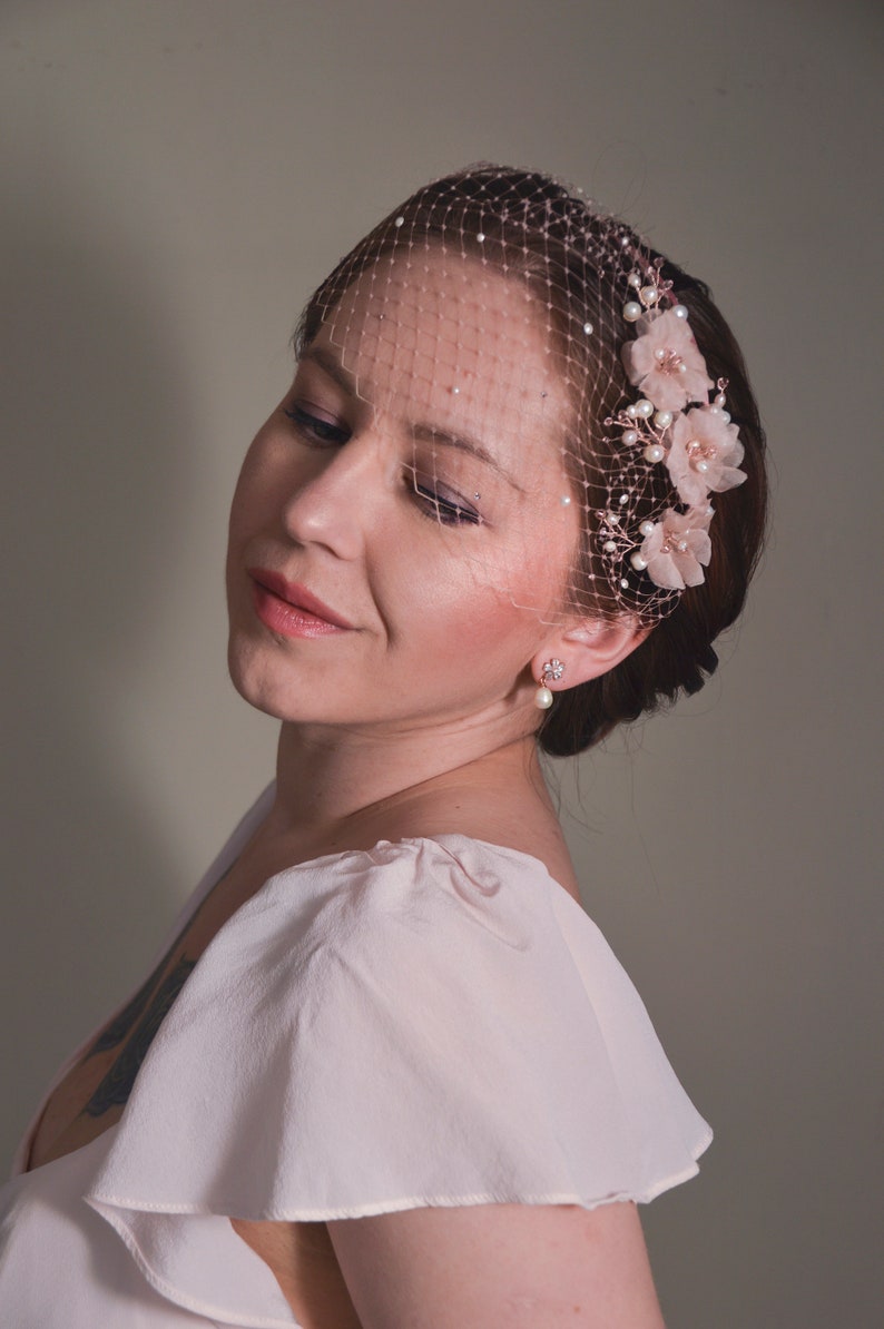 Pink Fascinator, Birdcage Veil, Bridal Headpiece, Cherry Blossom, Short ...
