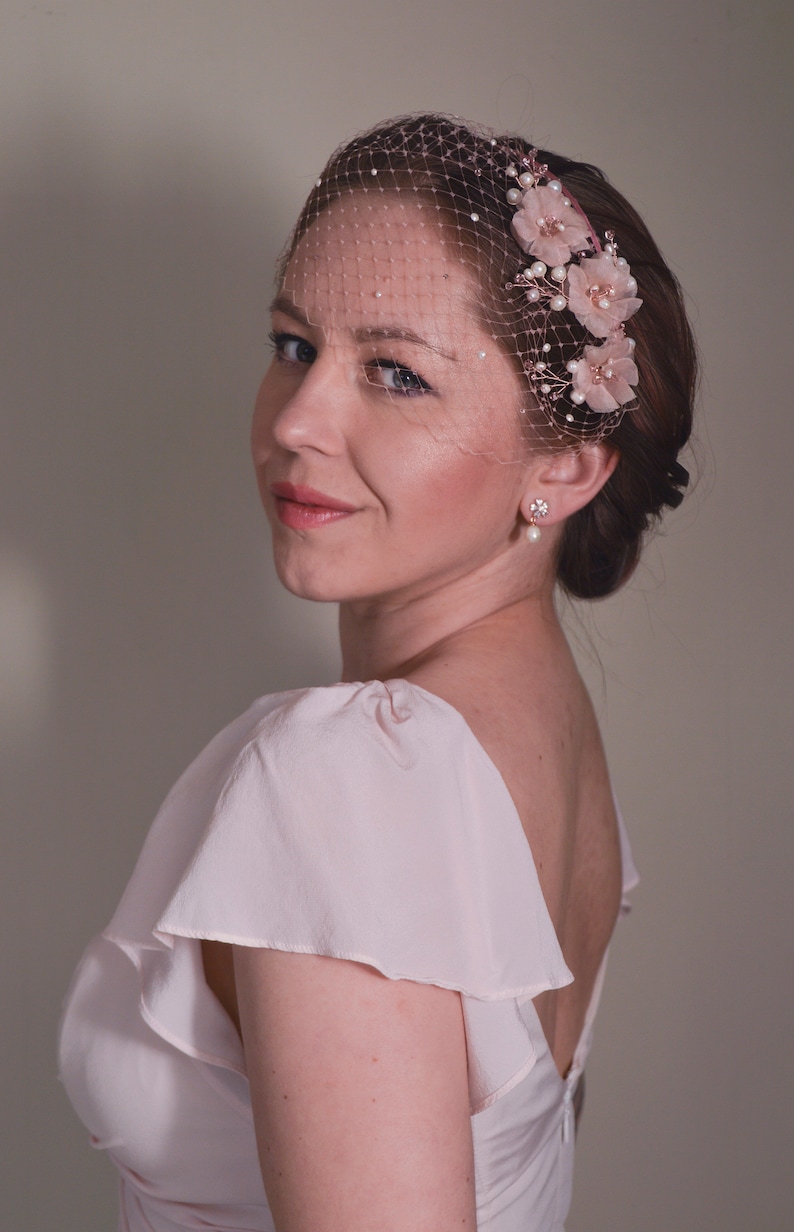 Pink Fascinator, Birdcage Veil, Bridal Headpiece, Cherry Blossom, Short ...