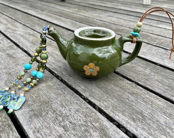 Tea Pot Garden Decoration, Upcycled Tea Pot Art, Olive Green Tea Pot ...
