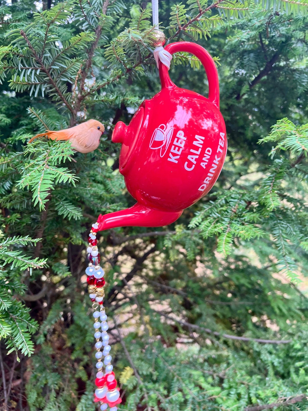Red Tea Pot Garden Decoration, Pot Pouring Beads, Hanging Kitchen Decor ...