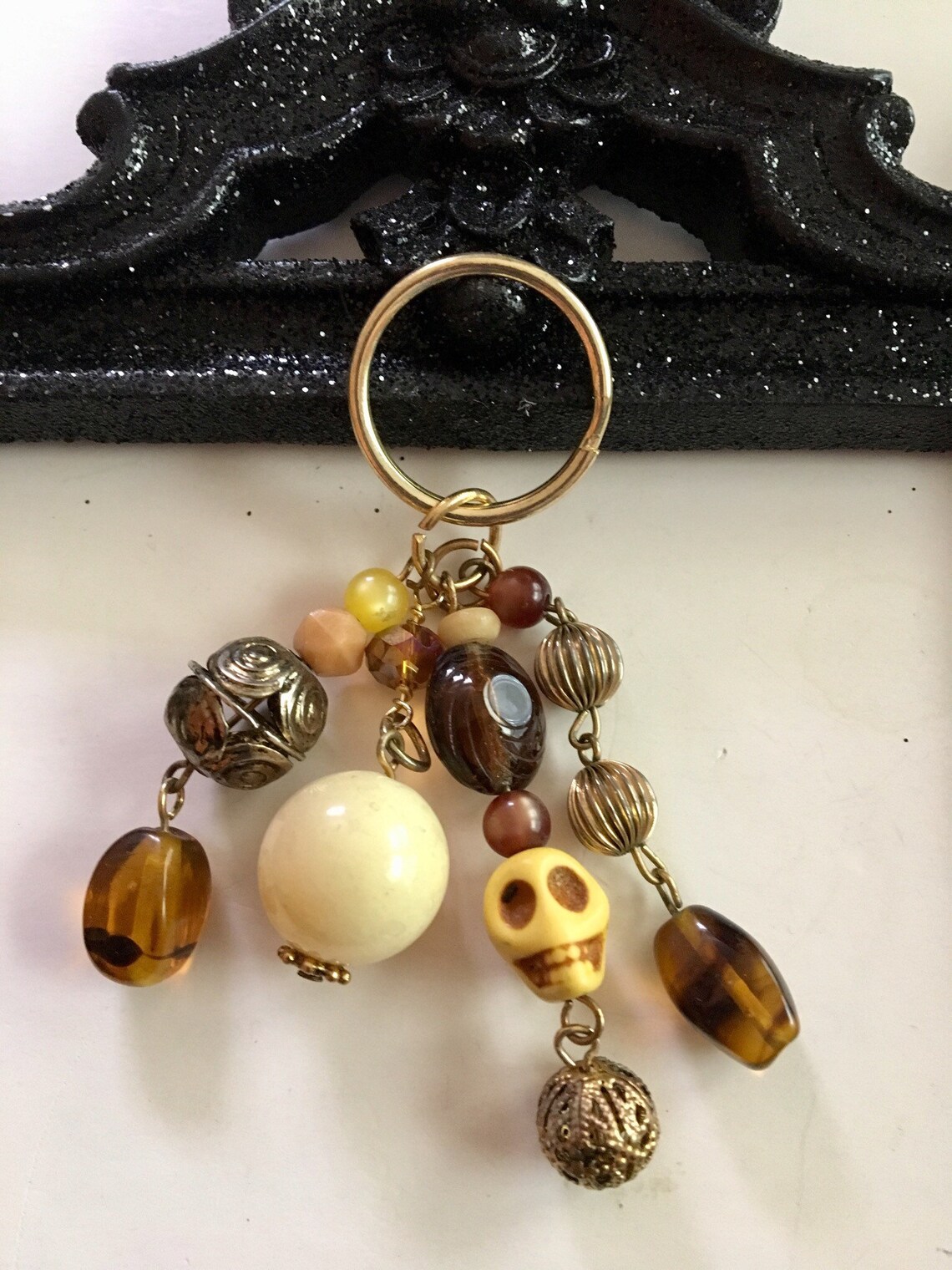 Skull Key Ring Halloween Gift Yellow Brown Bead Keychain - Etsy