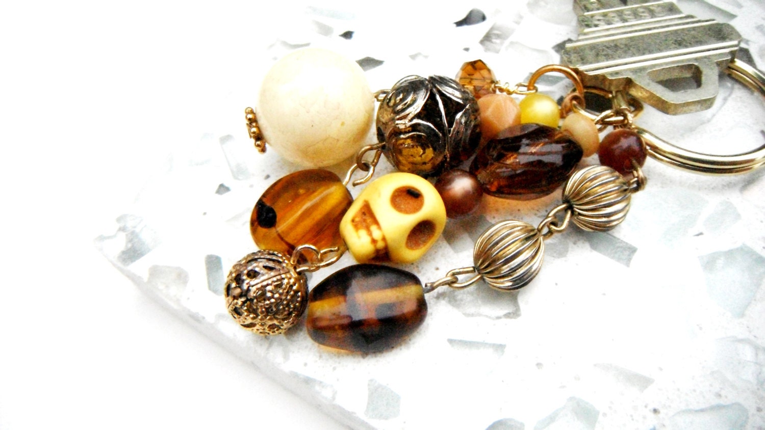 Skull Key Ring Halloween Gift Yellow Brown Bead Keychain - Etsy