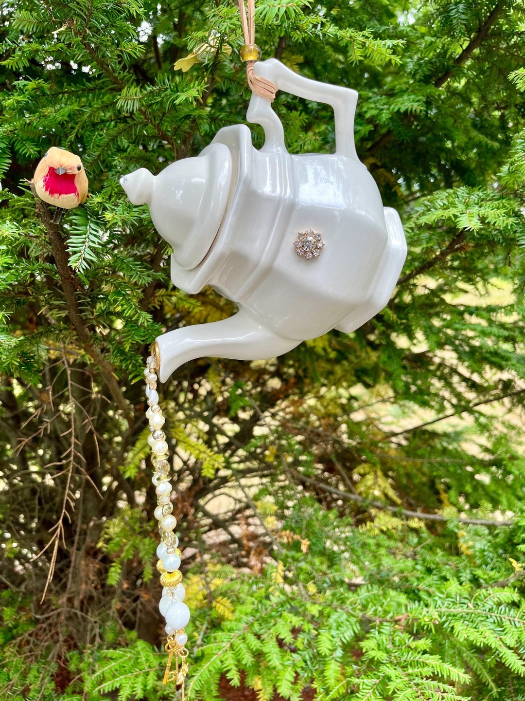 White Gold Tea Pot Garden Decoration, Kitchen Decor, Upcycled Tea Pot ...