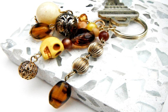 Skull Key Ring Halloween Gift Yellow Brown Bead Keychain - Etsy