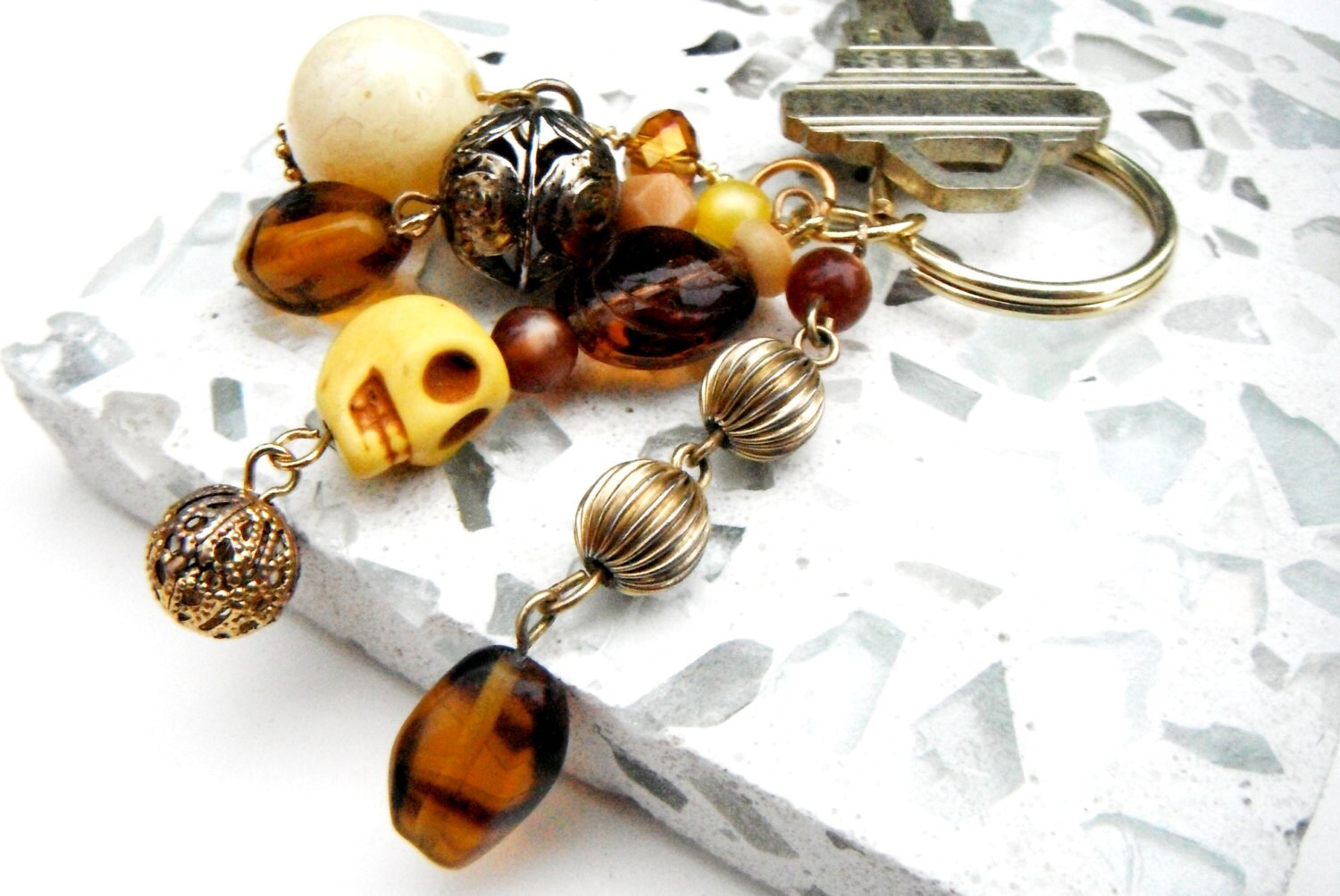 Skull Key Ring Halloween Gift Yellow Brown Bead Keychain - Etsy