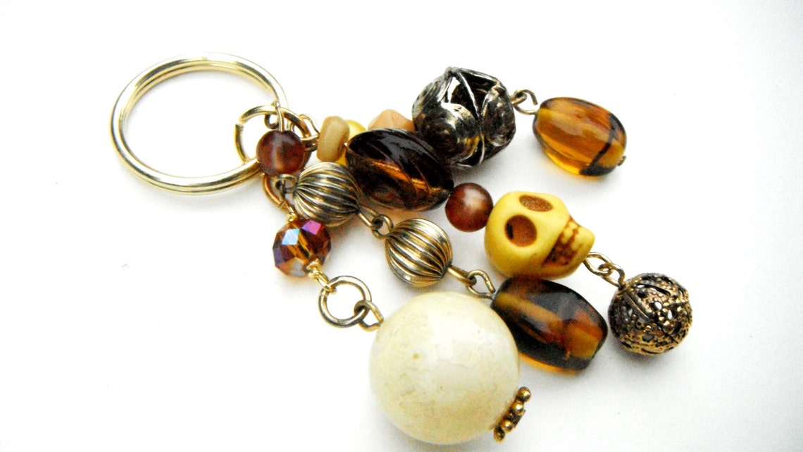 Skull Key Ring Halloween Gift Yellow Brown Bead Keychain - Etsy