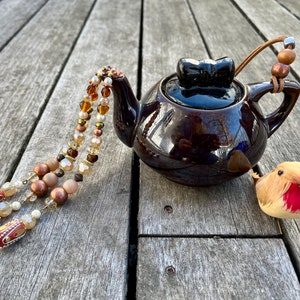 Upcycled Tea Pot Garden Decoration: Brown Ceramic Teapot With Beads ...