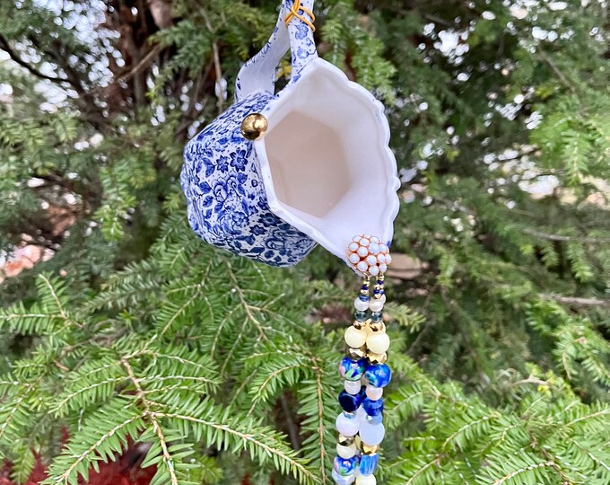 Upcycled Kitchen Decoration, Blue White Pitcher With Pouring Beads ...