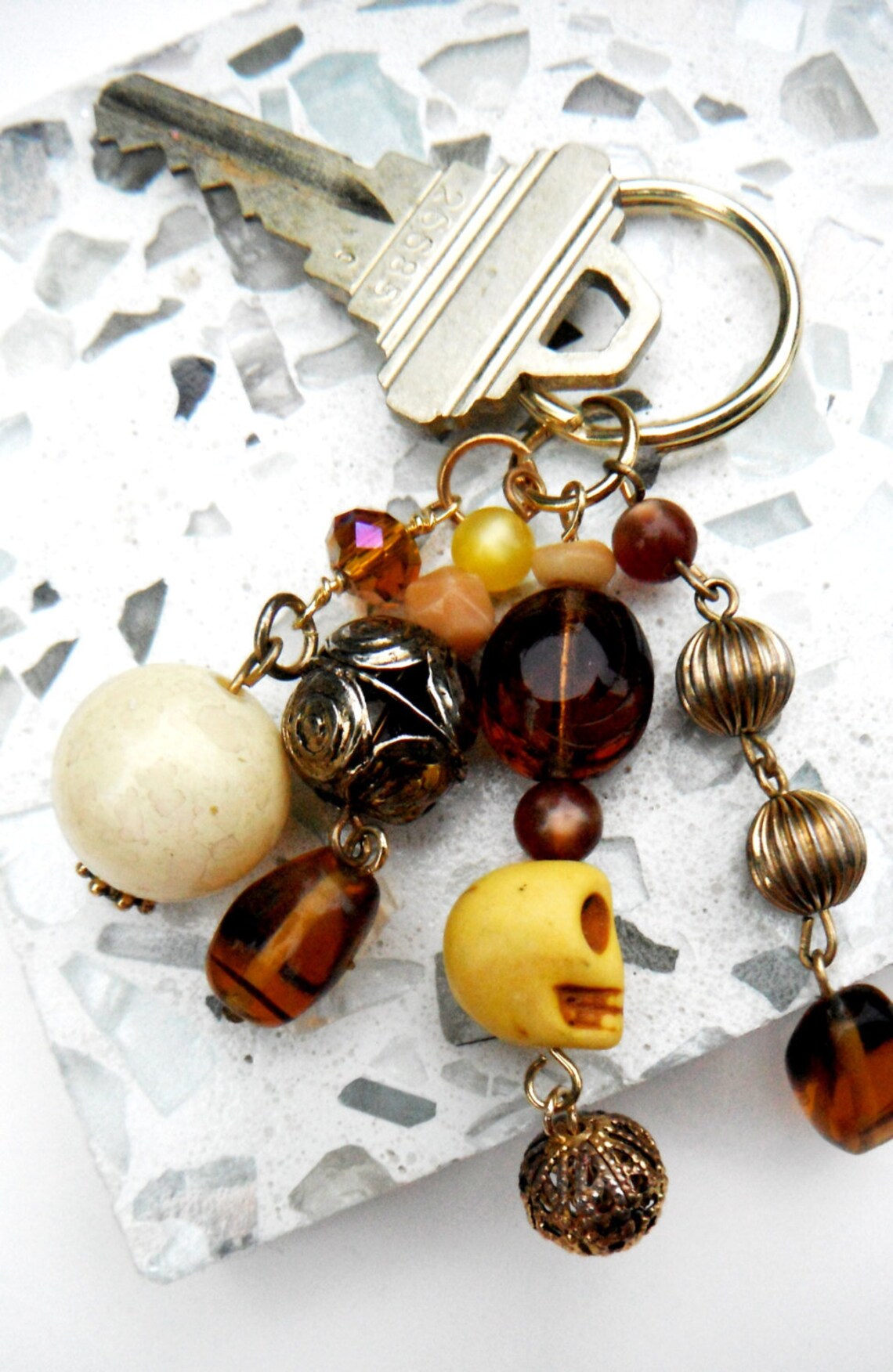Skull Key Ring Halloween Gift Yellow Brown Bead Keychain - Etsy