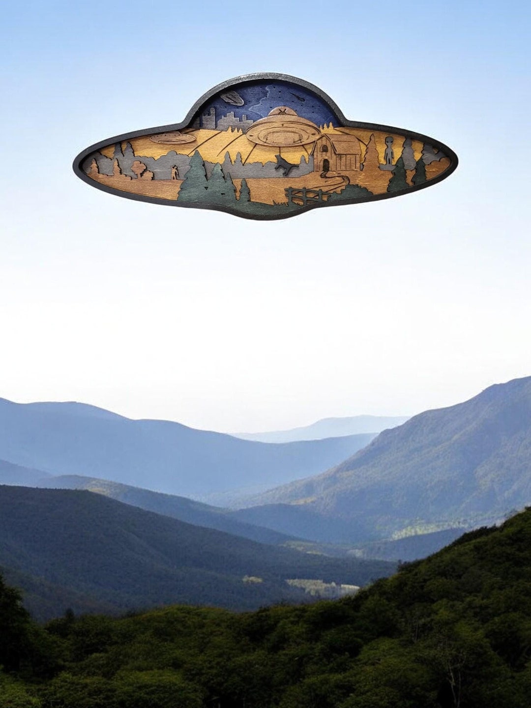 Handcrafted Multi-layered Stained Wood UFO Wall Art | Alien Theme Decor ...