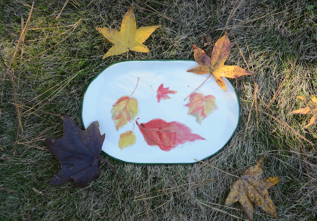 Handmade Ceramic Platter, Clay Serving Tray With Painted Leaves, Fall ...