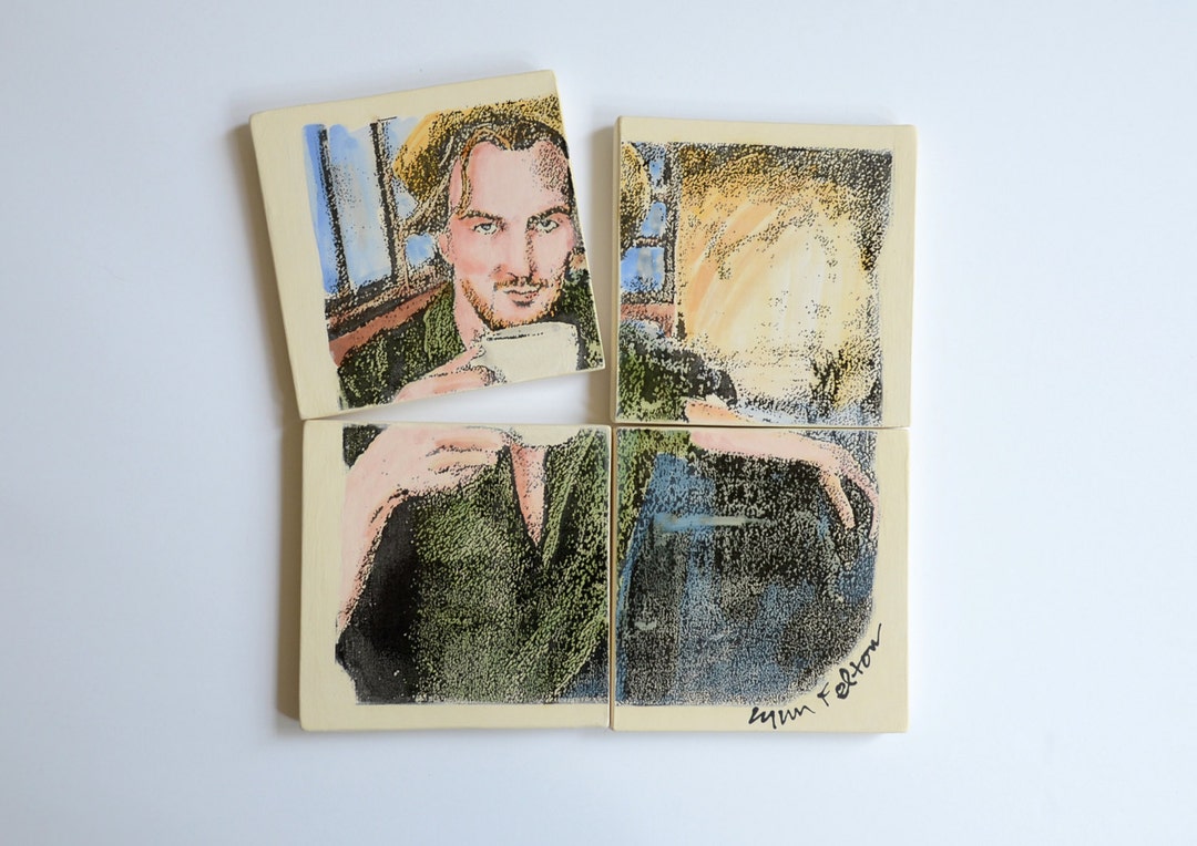 Handmade Clay Coasters, Having Coffee, Art on A Coaster Set, Art Puzzle ...