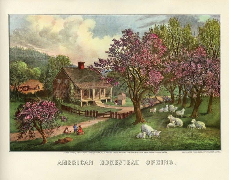 American Homestead Spring Scene Currier & Ives Instant Wall | Etsy