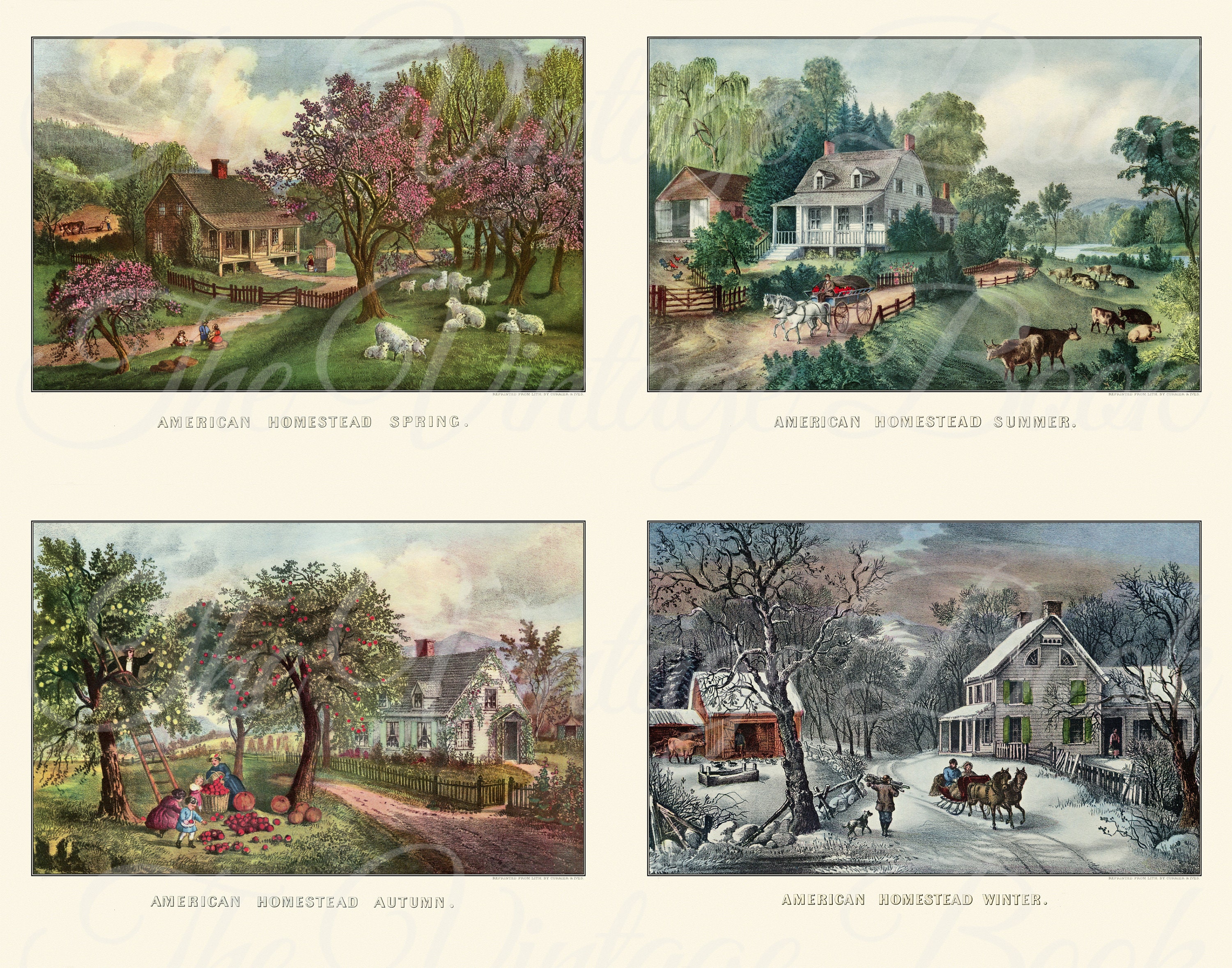 Currier & Ives Four Seasons Homestead Prints - Vintage Americana Wall ...