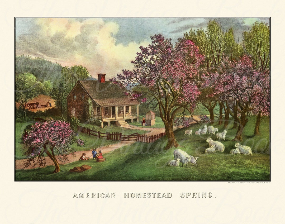 American Homestead Spring Scene Currier & Ives Instant Wall Art ...