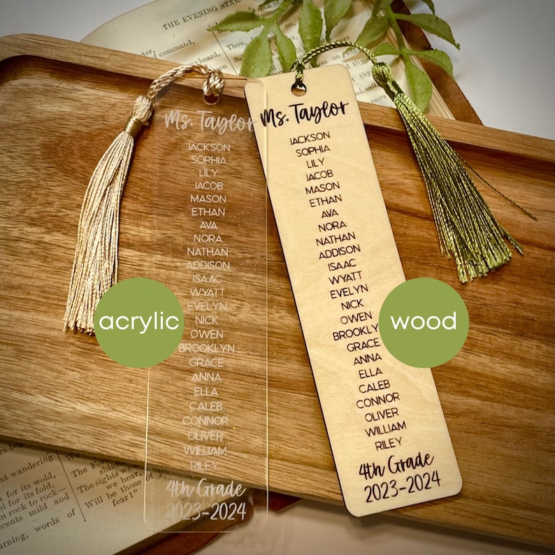 Personalized Teacher Bookmark, Class List, Engraved Wood or Acrylic - Etsy