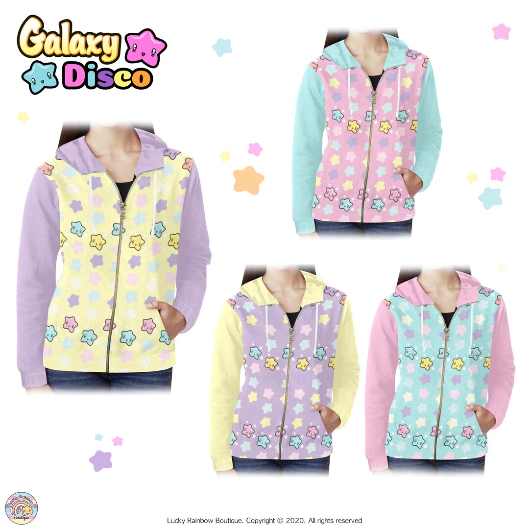 Pastel Rainbow Star Zip up Hoodie, All Over Stars Sweatshirt, Kawaii ...