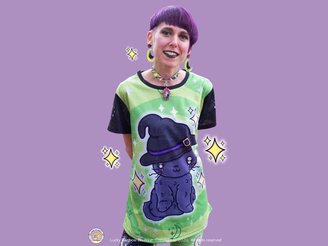 Kawaii Halloween Witch Cat Shirt, Green Witch T-shirt, Spooky Season ...
