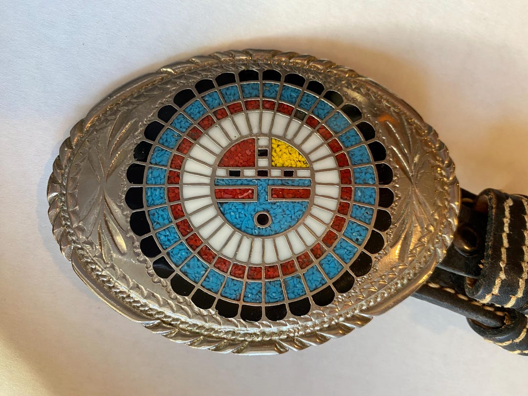 Vintage Zuni Sunface Belt Buckle With Leather Tooled Belt, SSI 88 ...