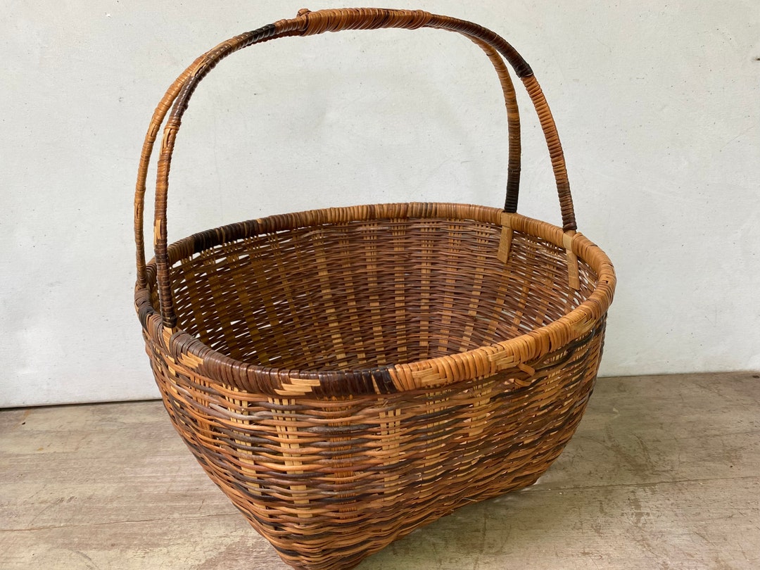 Vintage Gathering Basket, Split Handle, Wicker Hand Made Basket With ...