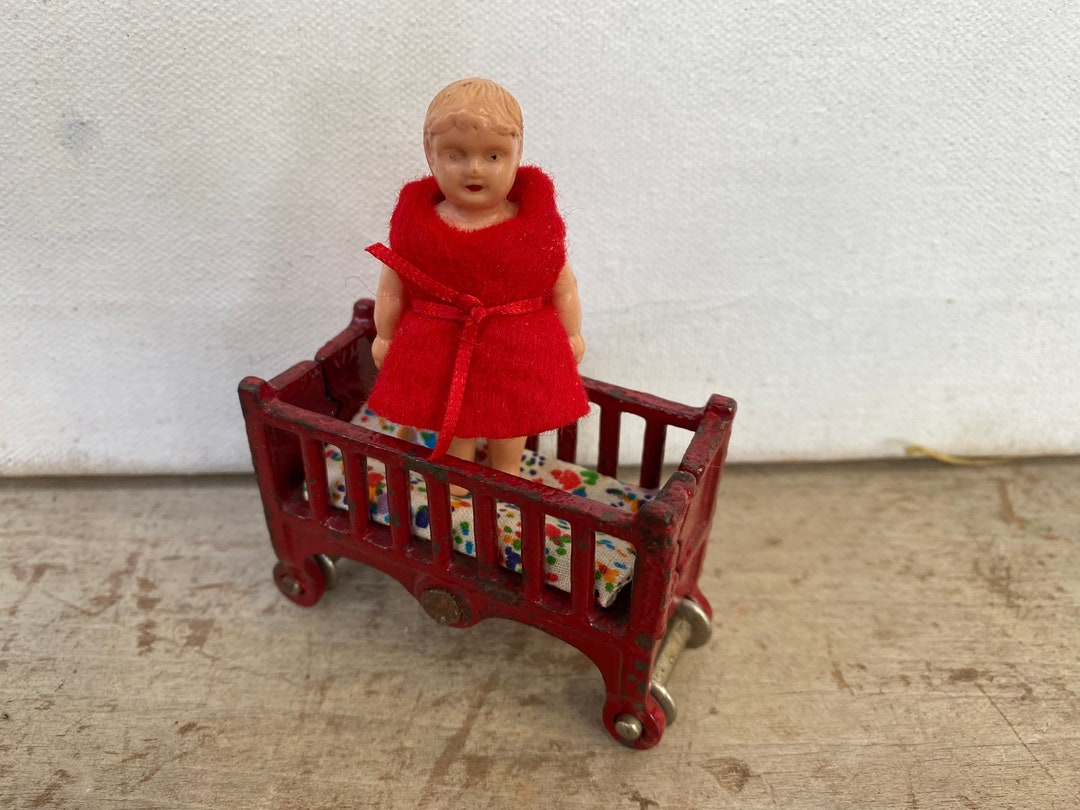 Antique Kilgore Red Crib With Oversized Celluloid Baby, Metal Dollhouse ...