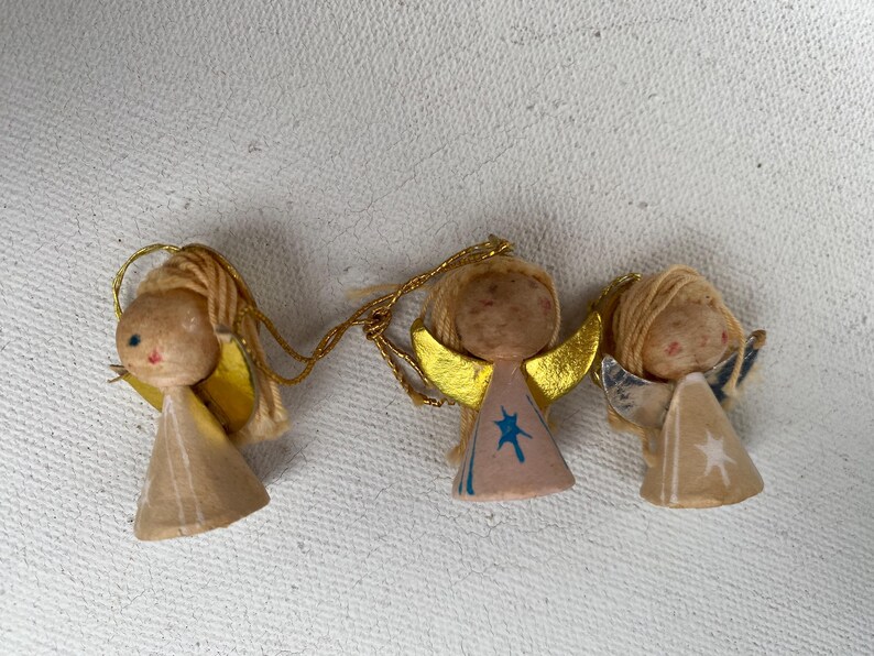 Vintage Wood Angel Figures, Shabby Christmas Cone Angels With Gold Cord ...