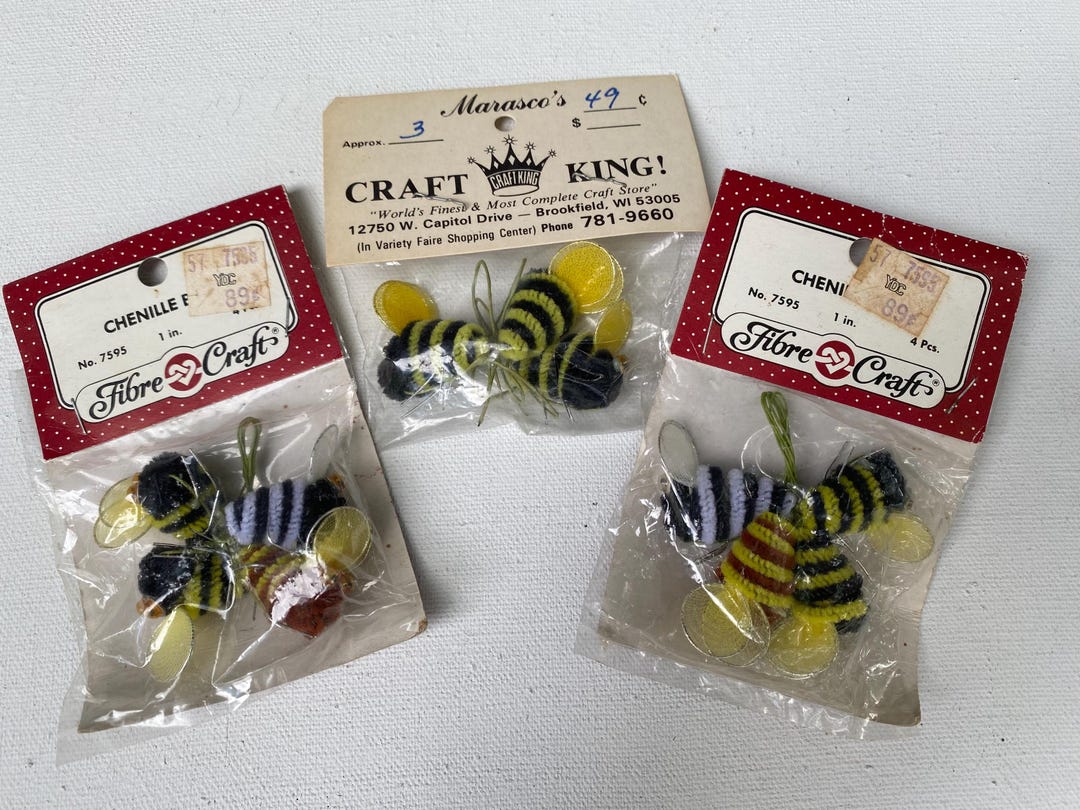 Vintage Chenille Bees NOS Set of 3 Packages, Crafting Bees, Craft Supplies, Googly Eyes, Net ...