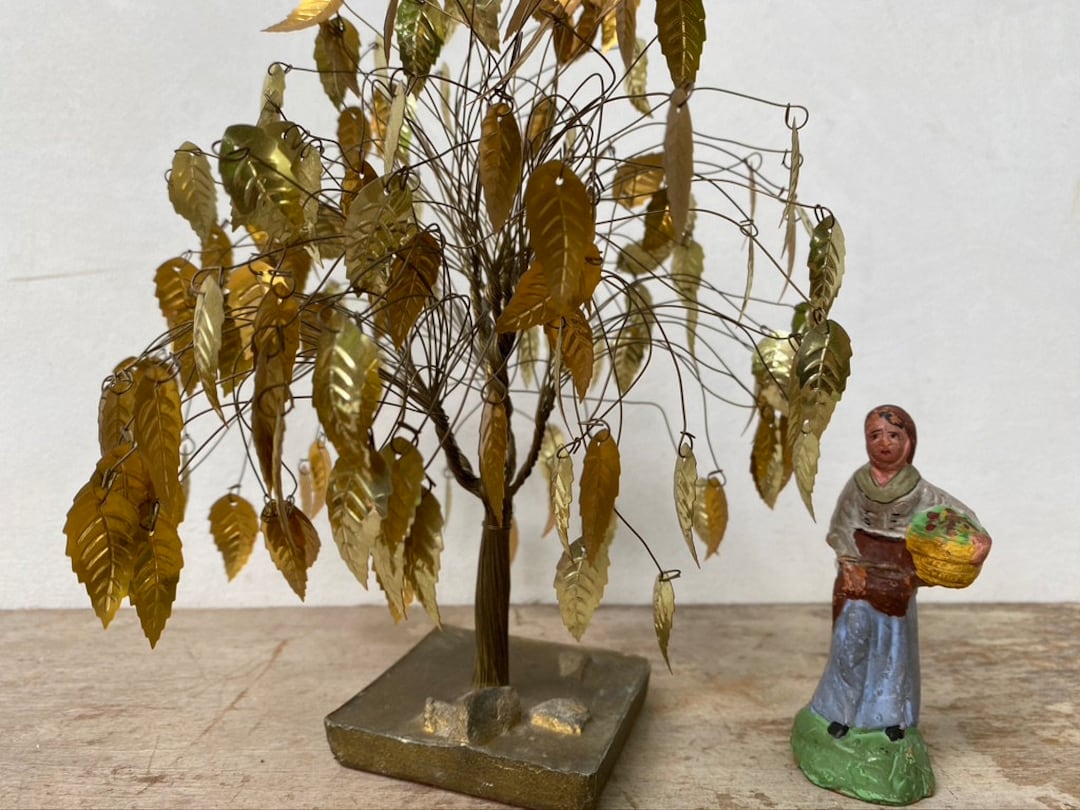 Vintage Sequin Gold Leaf Tree With Plaster Base, Small Gold Wire Bonsai ...
