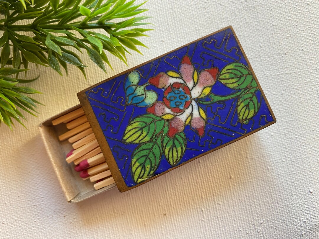 Asian Cloisonné Floral Matchbox Holder, Vintage, Blue With Red Flowers ...