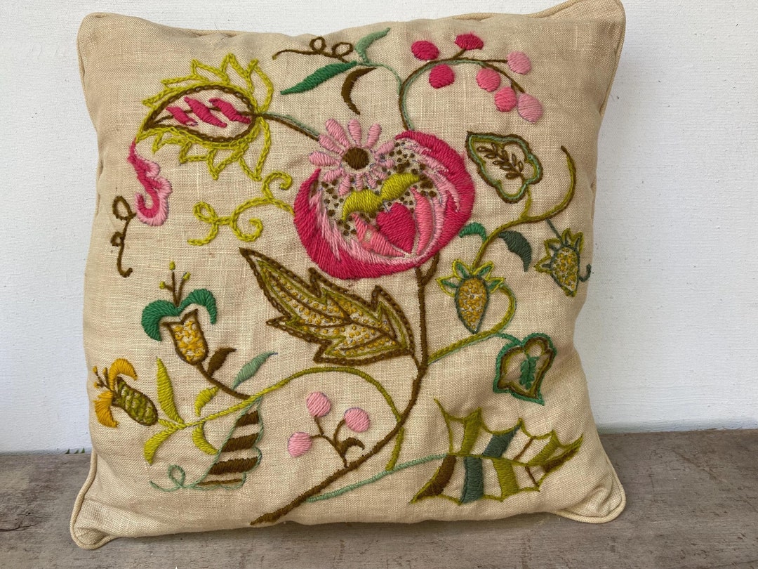Mid Century Modern Crewel Embroidery Pillow, Handmade, Pink and Green ...