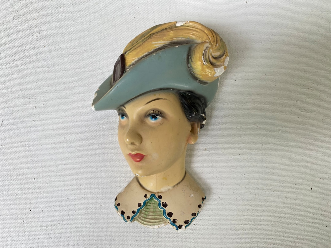 Vintage Lady Wall Mask, Pretty Chalkware Woman Face With Hat, Ardco ...