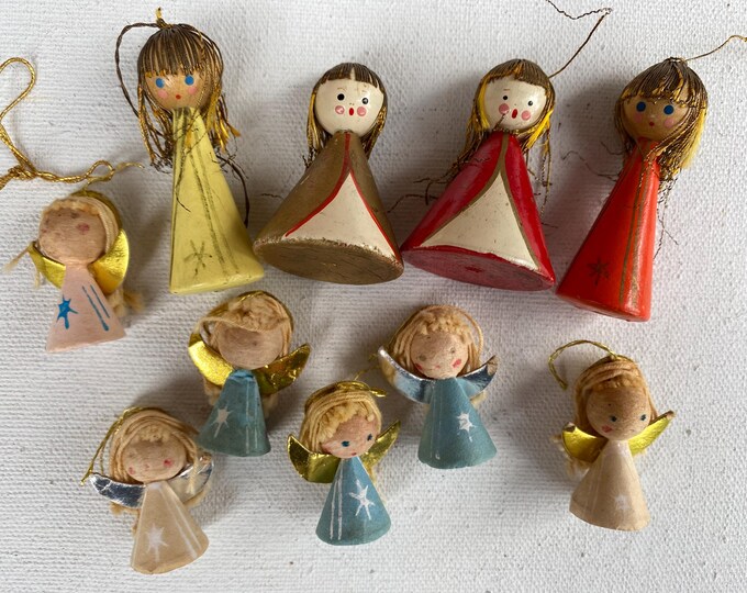 Vintage Wood Angel Figures, Shabby Christmas Cone Angels With Gold Cord ...