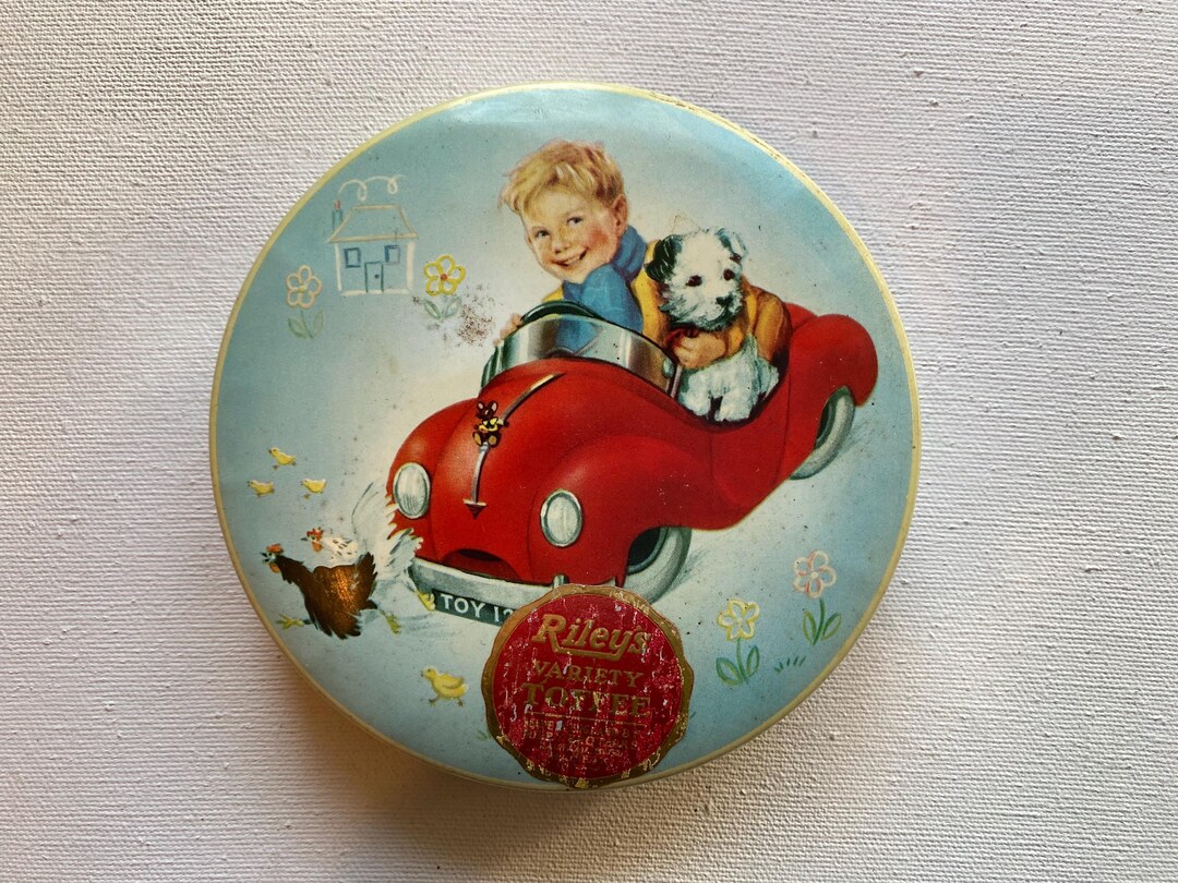 Vintage Riley's Toffee Tin, Boy With Dog in Car, Made in England, Riley ...