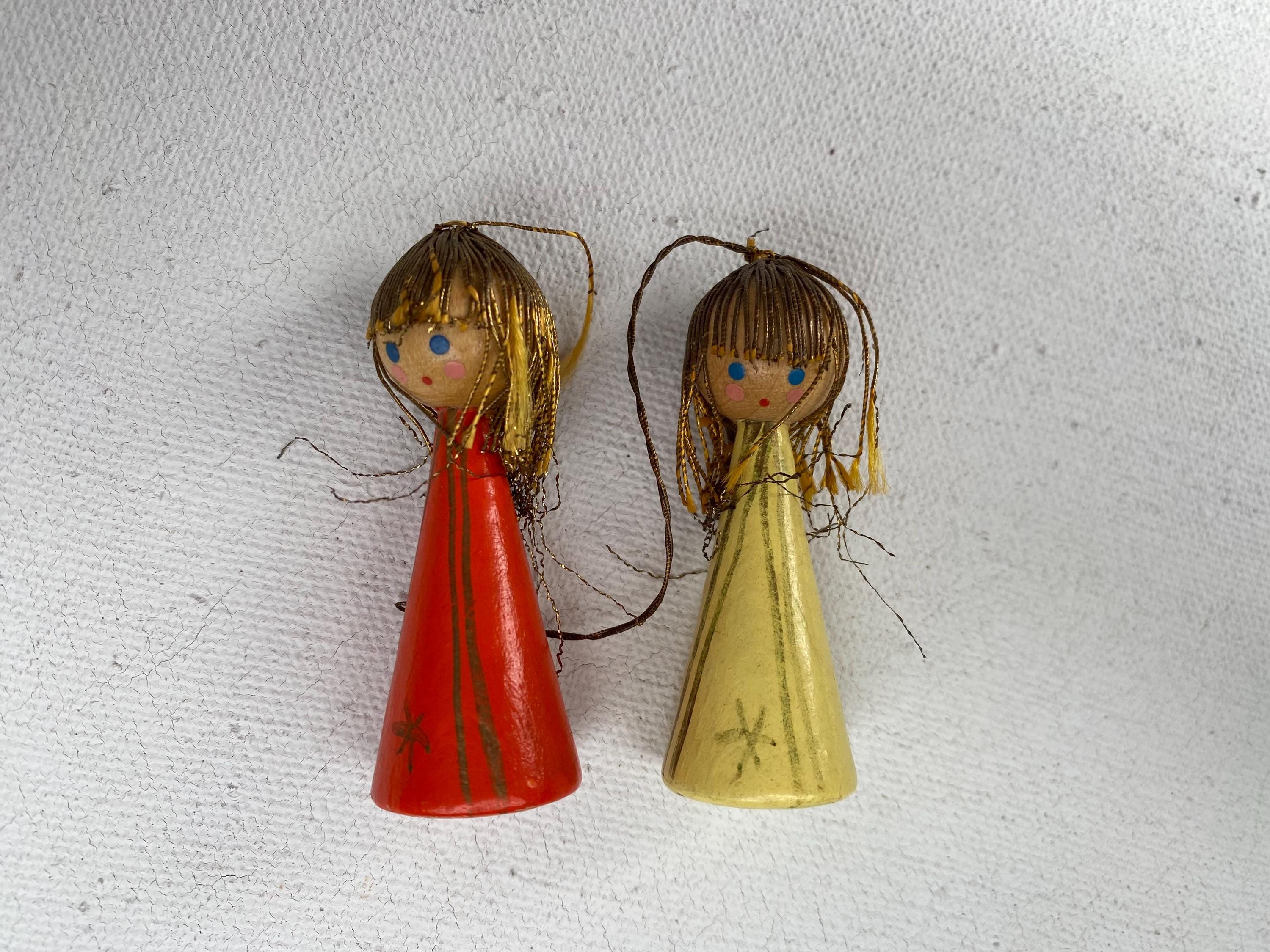 Vintage Wood Angel Figures, Shabby Christmas Cone Angels With Gold Cord ...