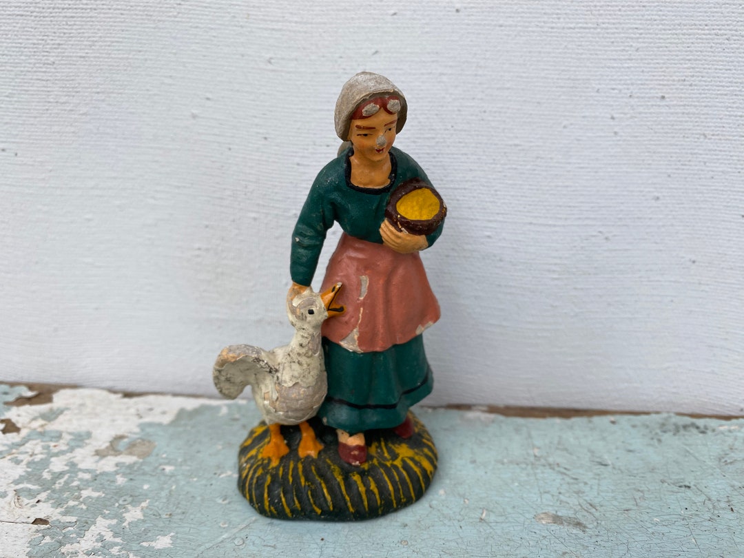 Vintage Woman With Goose/duck Chalkware Figurine, Shabby, Chippy ...
