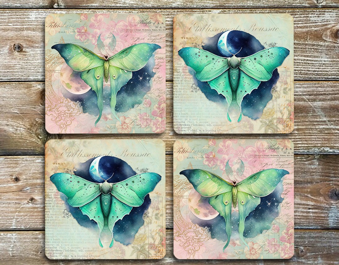 Gorgeous Green Moths, Moth Drink Coasters, Set of 4 Non Slip NEOPRENE ...