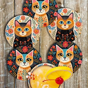 Floral Cats, Drink Coasters, Set of 6 Non Slip Neoprene Coasters ...