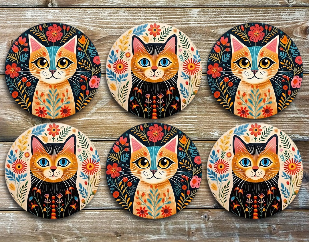 Floral Cats, Drink Coasters, Set of 6 Non Slip Neoprene Coasters ...