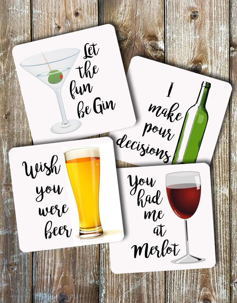 Alcohol Puns, Set of 4 Non Slip NEOPRENE Coasters, Novelty Coasters ...