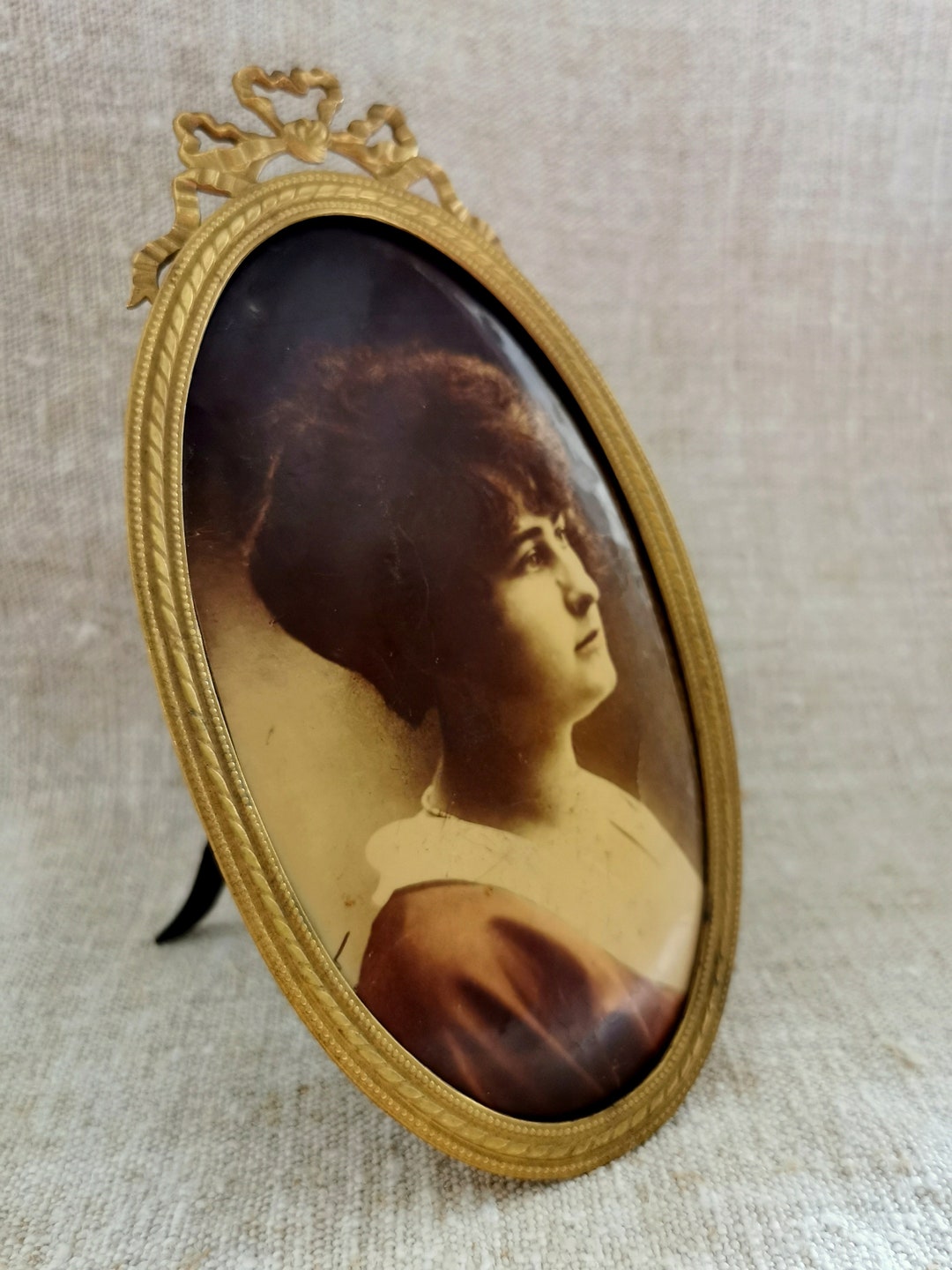 French Vintage, Tintype Portrait, Frame, Antique Bronze Frame, Ribbons ...